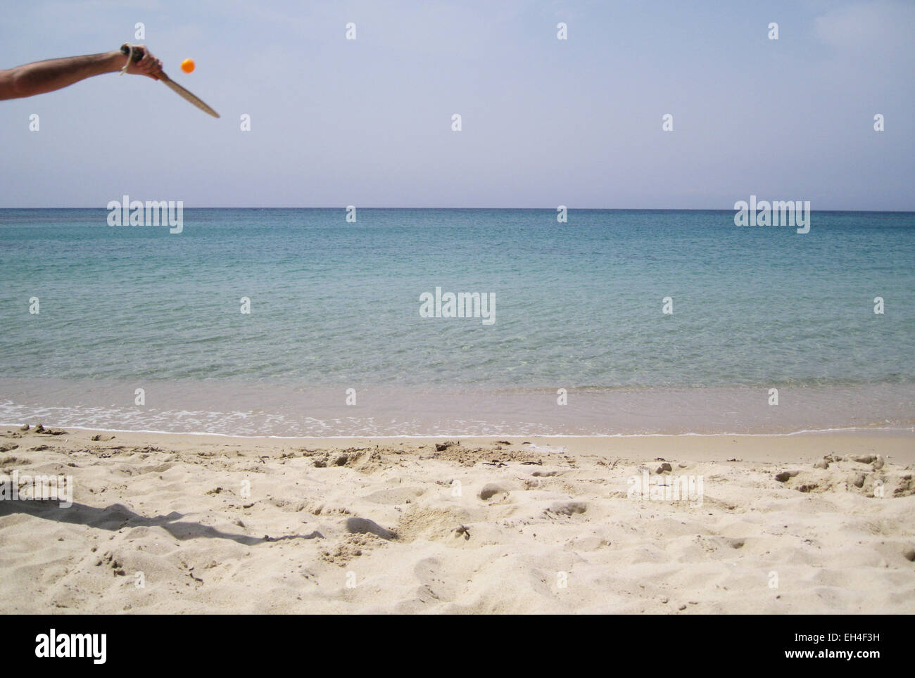 arm, racket, ball while playing at the beach on the shore with blue sea ...