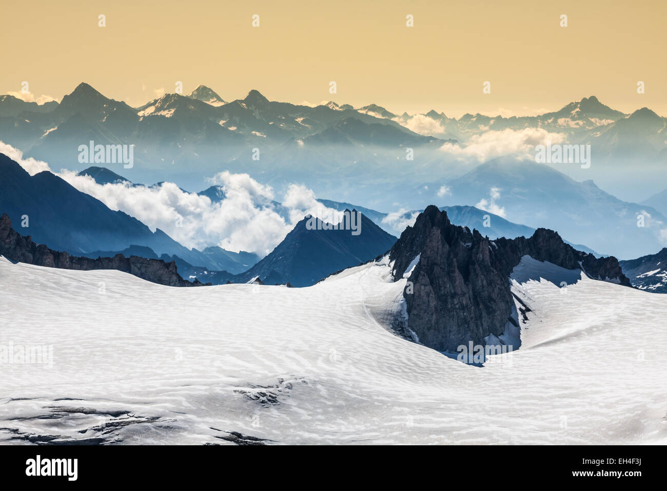 View of Mont Blanc mountain range from Aiguille Du Midi in Chamonix - landscape orientation ...