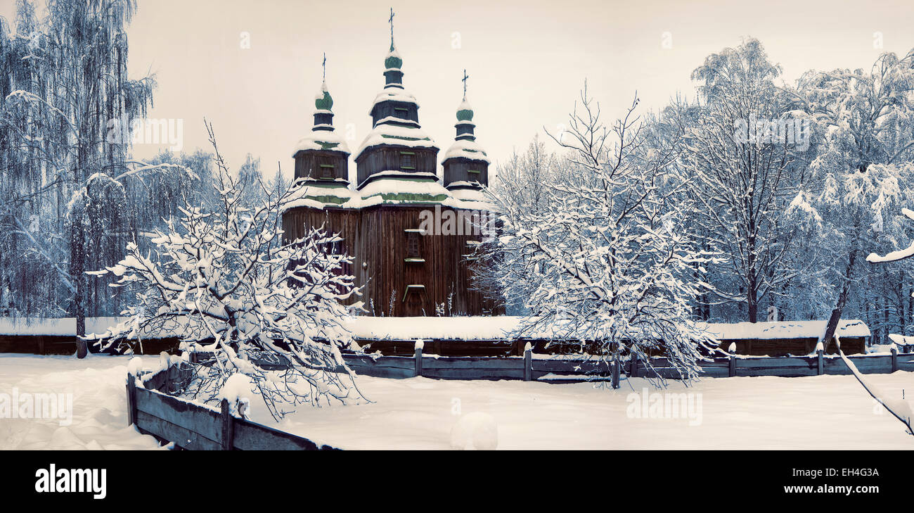 Landscape panorama wooden Church in the snow Ukraine Kiev Museum ...