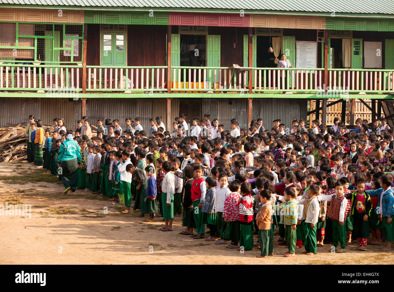 Primary children at school assembly, Kay Lar village, Inle Lake ...