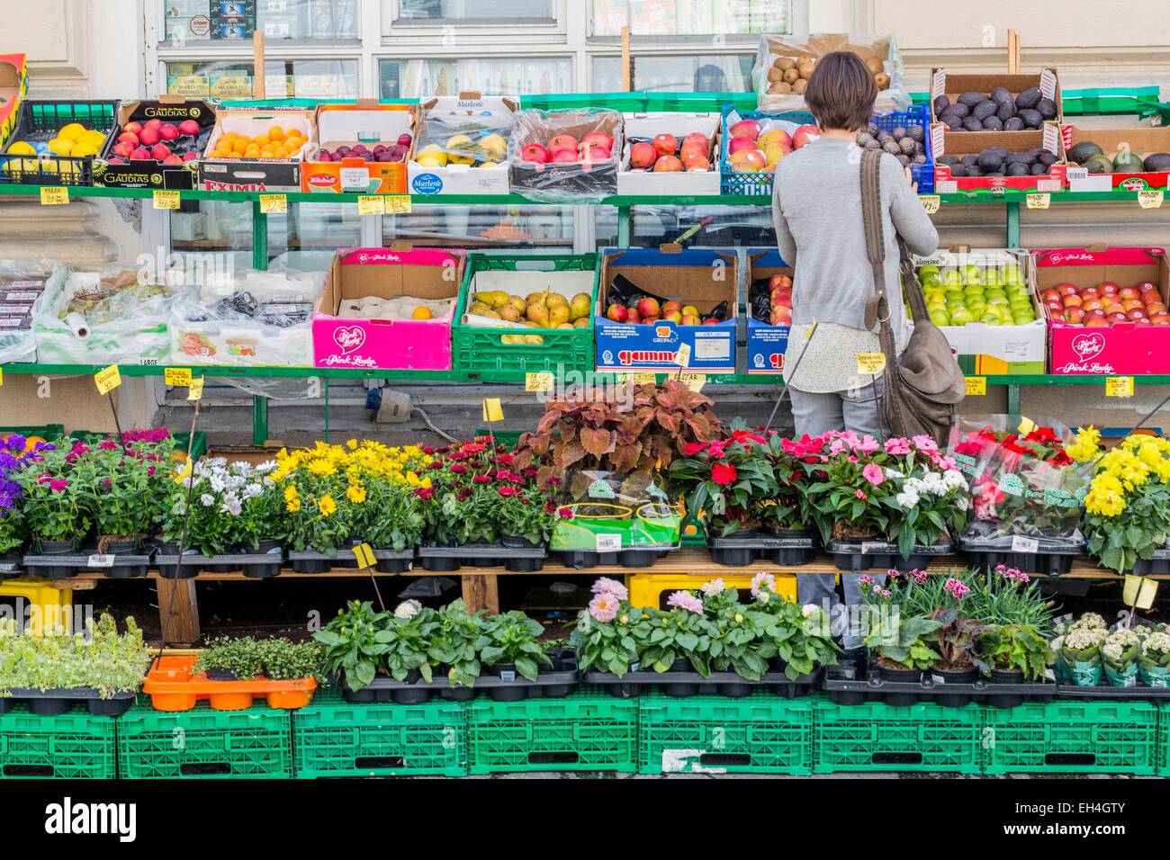 Norway, Oslo, Ruselokka district, fruit vendor, vegetables and flowers ...