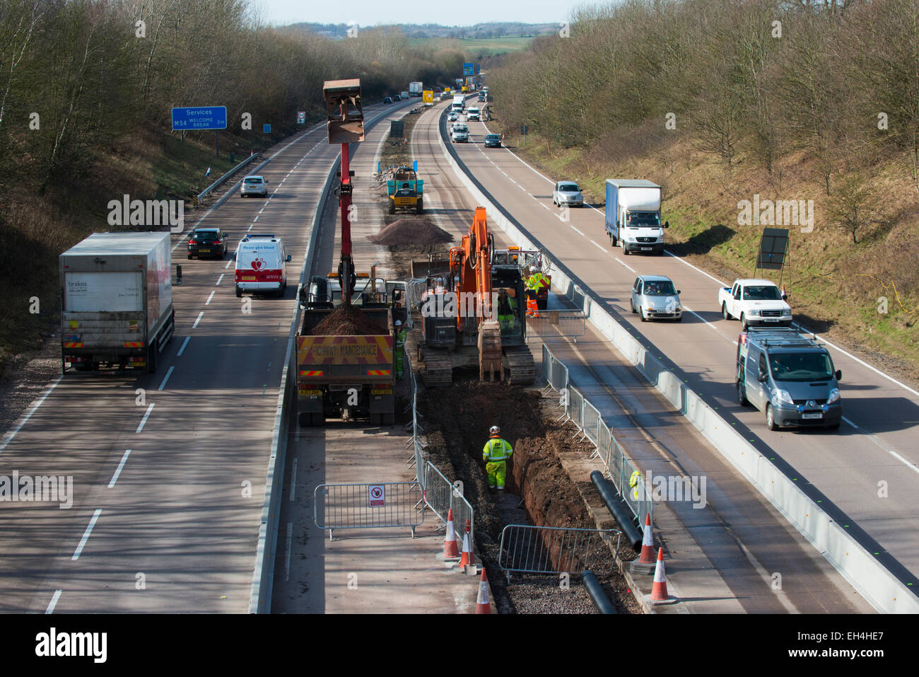 Roadworks on the M54 motorway near Shifnal, Shropshire, England Stock ...