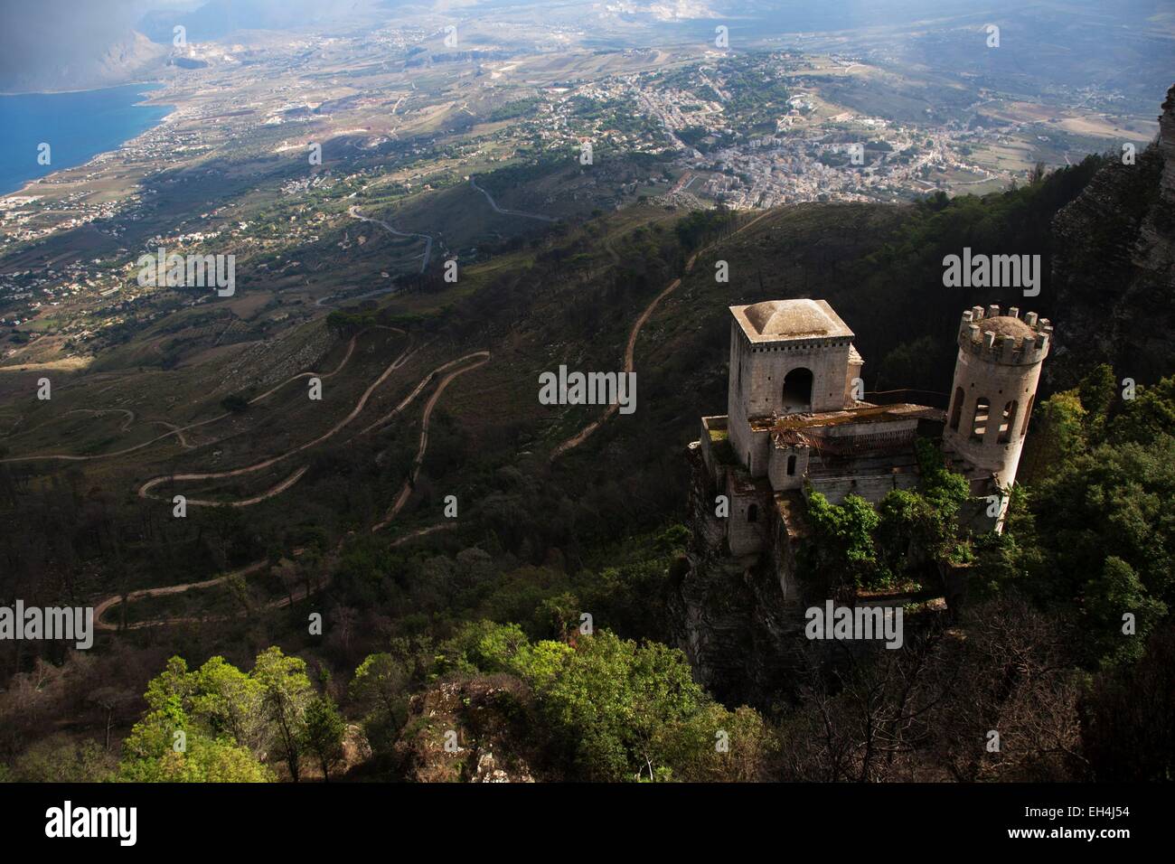Italy, Sicily, Erice, the gulf of Bonagia and the Pepoli turrets Stock ...
