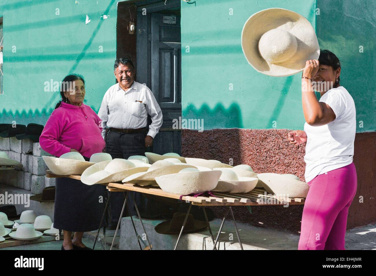 Ecuador, Imbabura, Iluman, artisans doing dry handcrafted hats in the ...