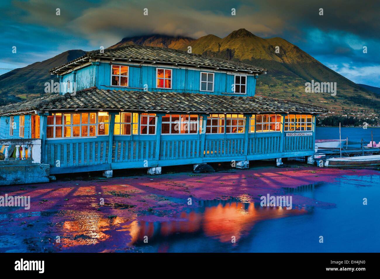 Ecuador, Imbabura, San Pablo lagoon, night view of a lake wood ...