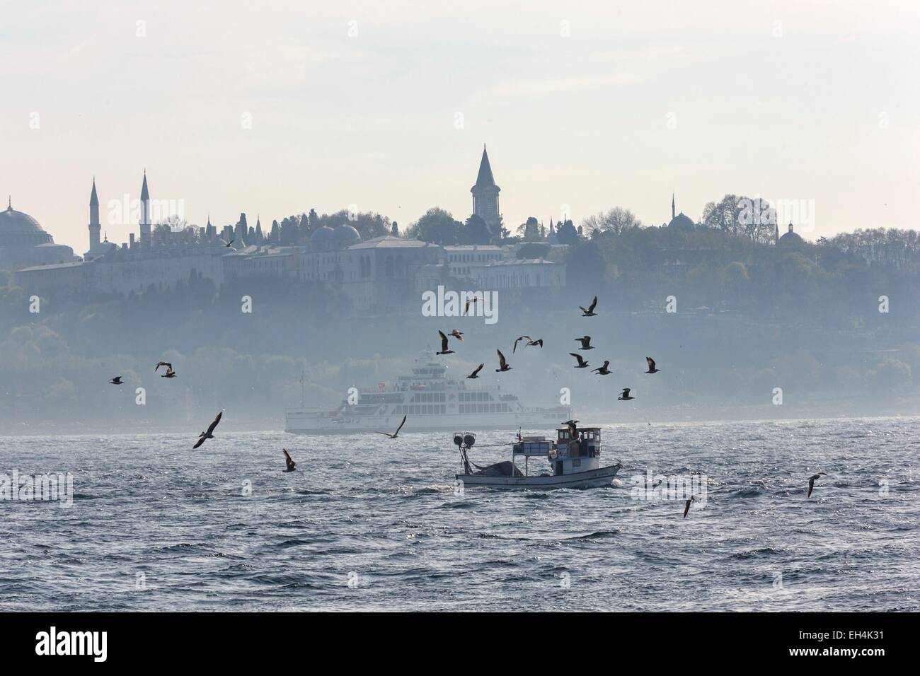 Turkey, Istanbul, Uskudar district, view of a fishing boat and the ...
