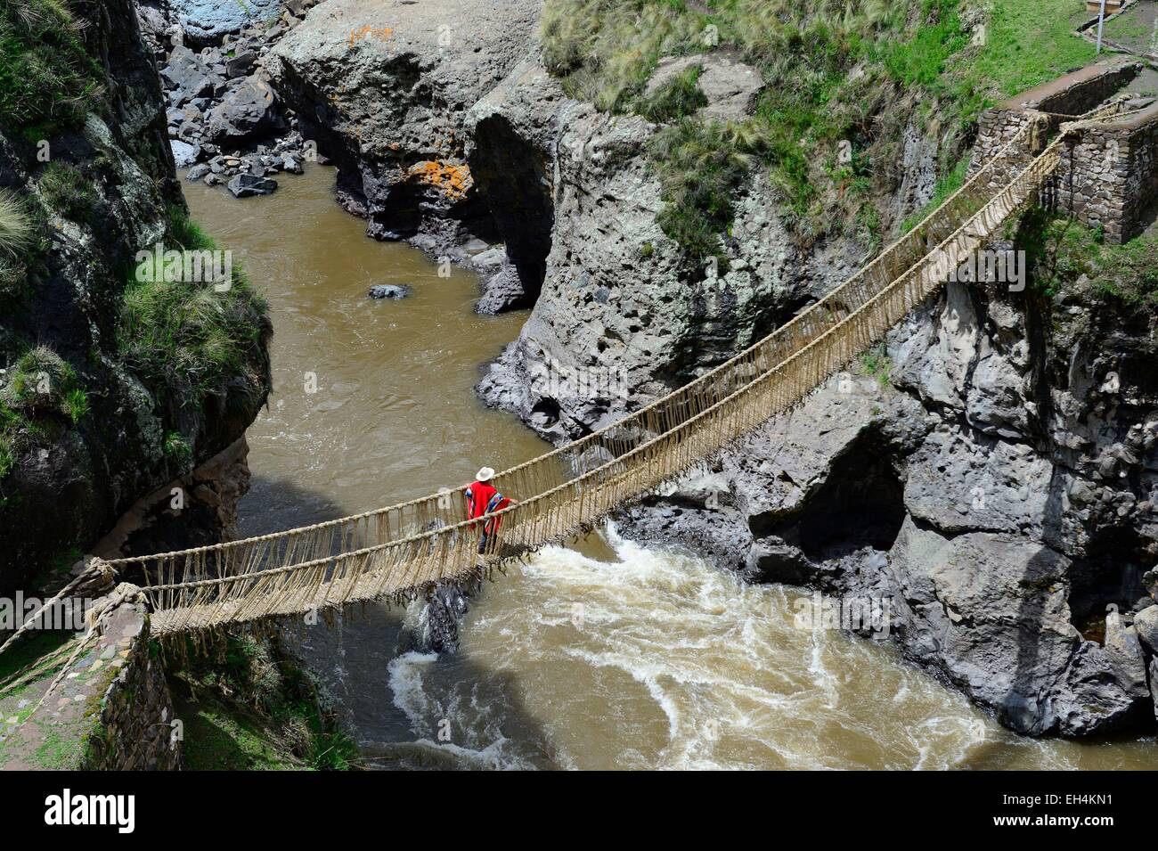 Peru, Cuzco province, qewaschaka (Keshwa Chaca), Inca rope bridge ...