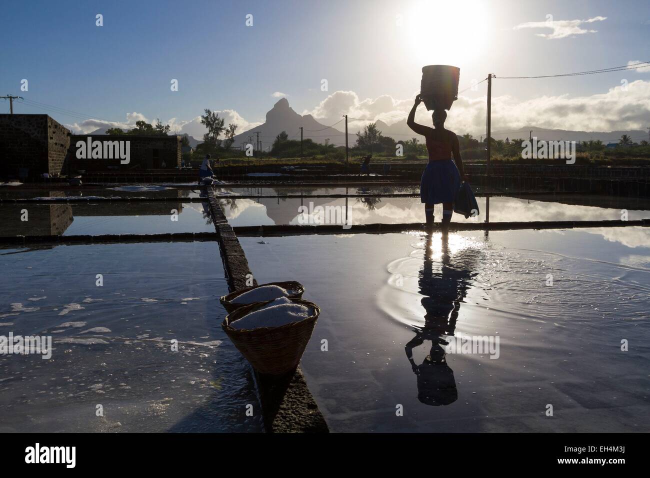 Mauritius, Rivière Noire district, Tamarin saltworks, salt harvest ...