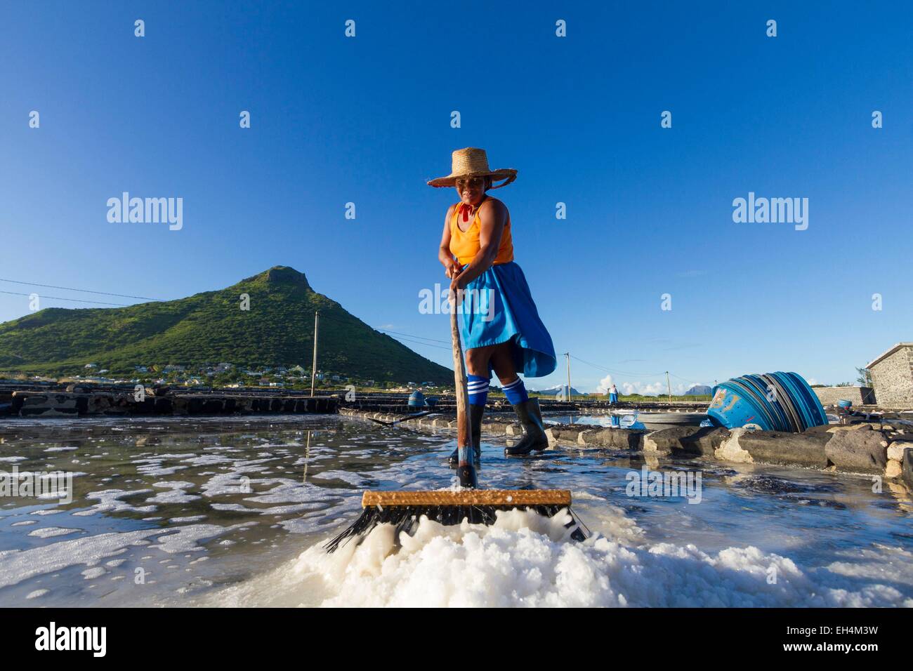 Mauritius, Rivière Noire district, Tamarin saltworks, salt harvest ...