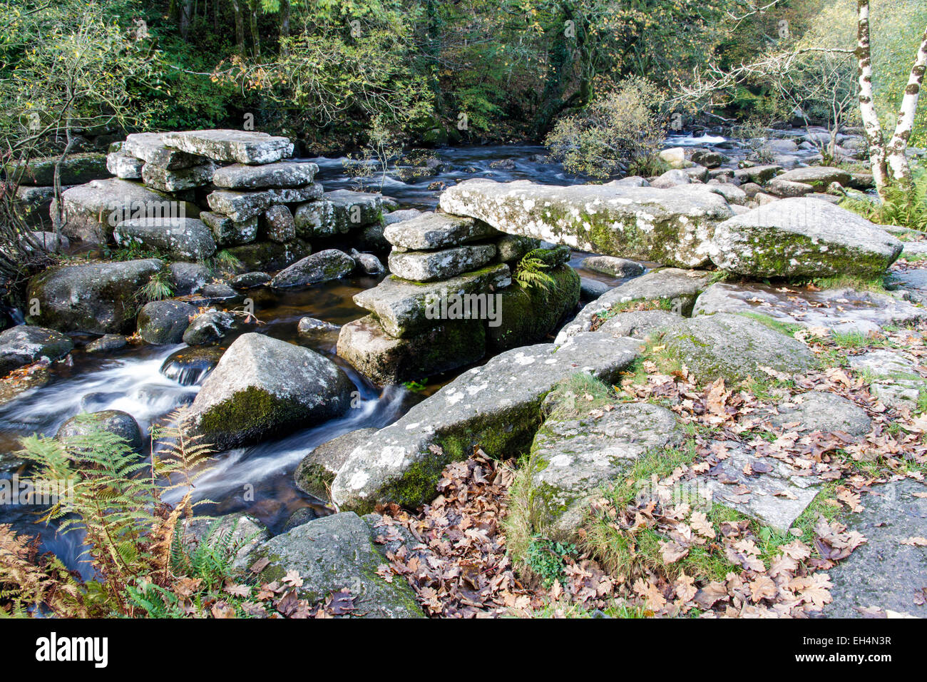 Partially collapsed ancient stone clapper bridge. Dartmeet, Dartmoor ...