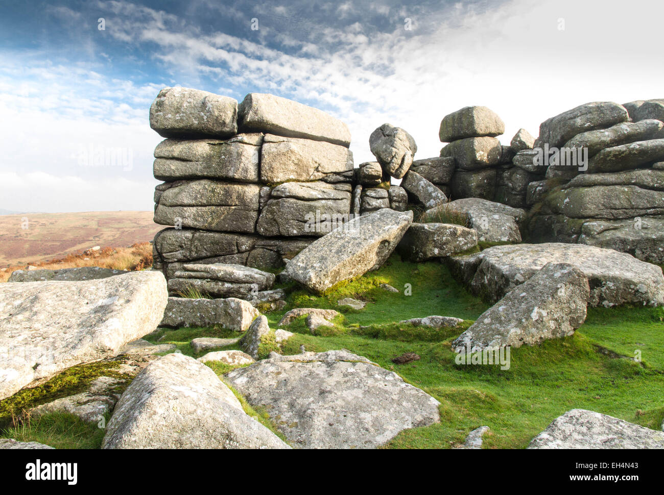 Granite weathered stone outcrops of Combestone Tor. Dartmoor National ...