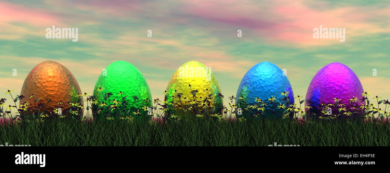 Easter eggs in nature by sunset- 3D render Stock Photo - Alamy