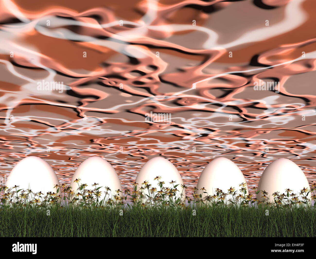 Easter eggs in nature by strange sunset- 3D render Stock Photo - Alamy