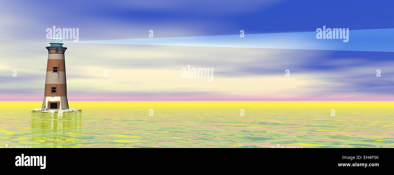 Lighthouse in yellow and blue sky - 3D render Stock Photo - Alamy