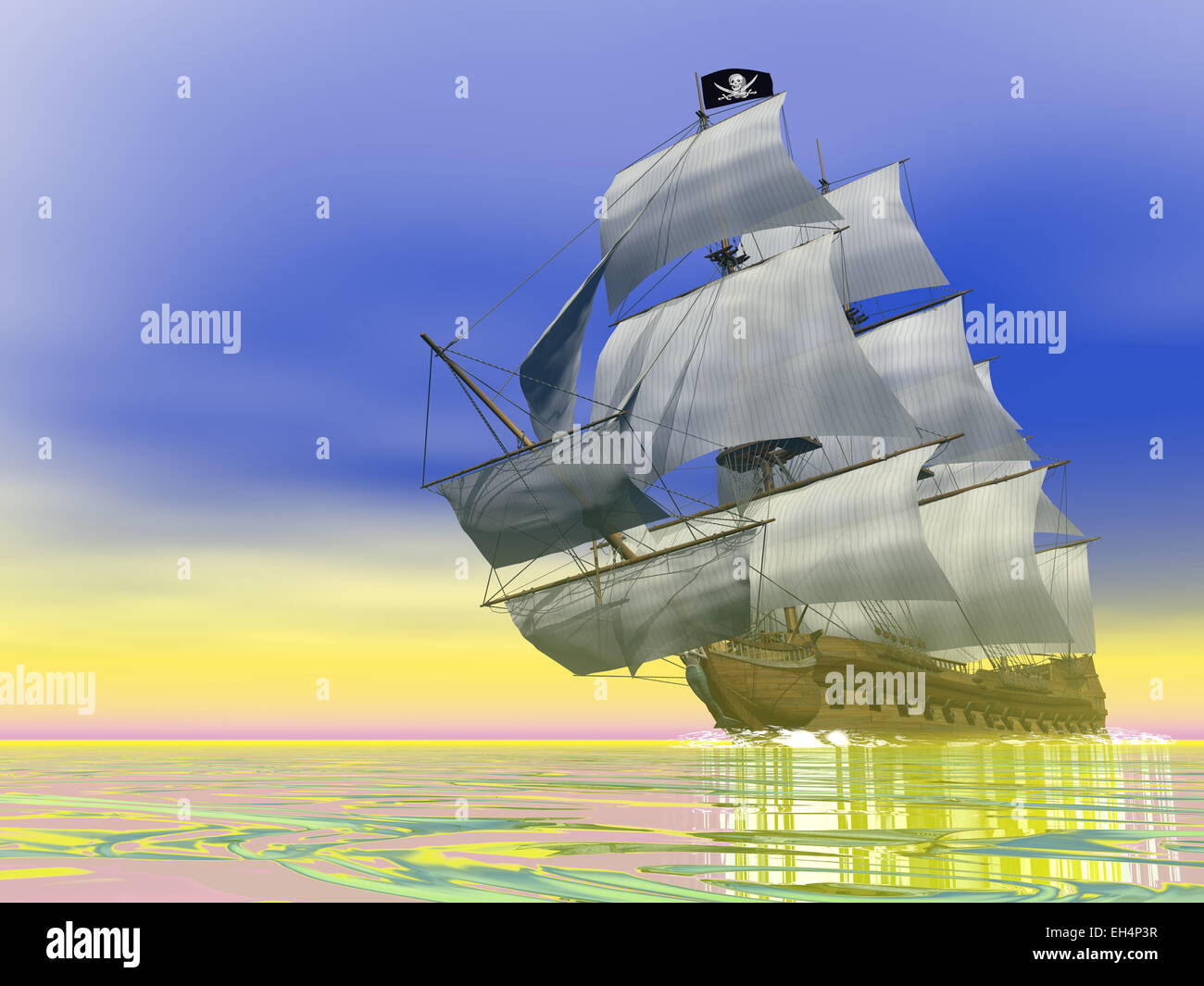 Beautiful detailed Pirate Ship, floating on the ocean by yellow day ...
