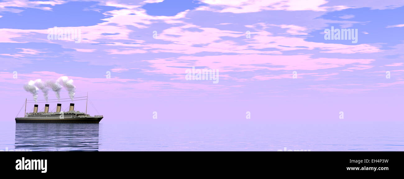 Famous Titanic ship floating on the water by cloudy sunset - 3D render ...