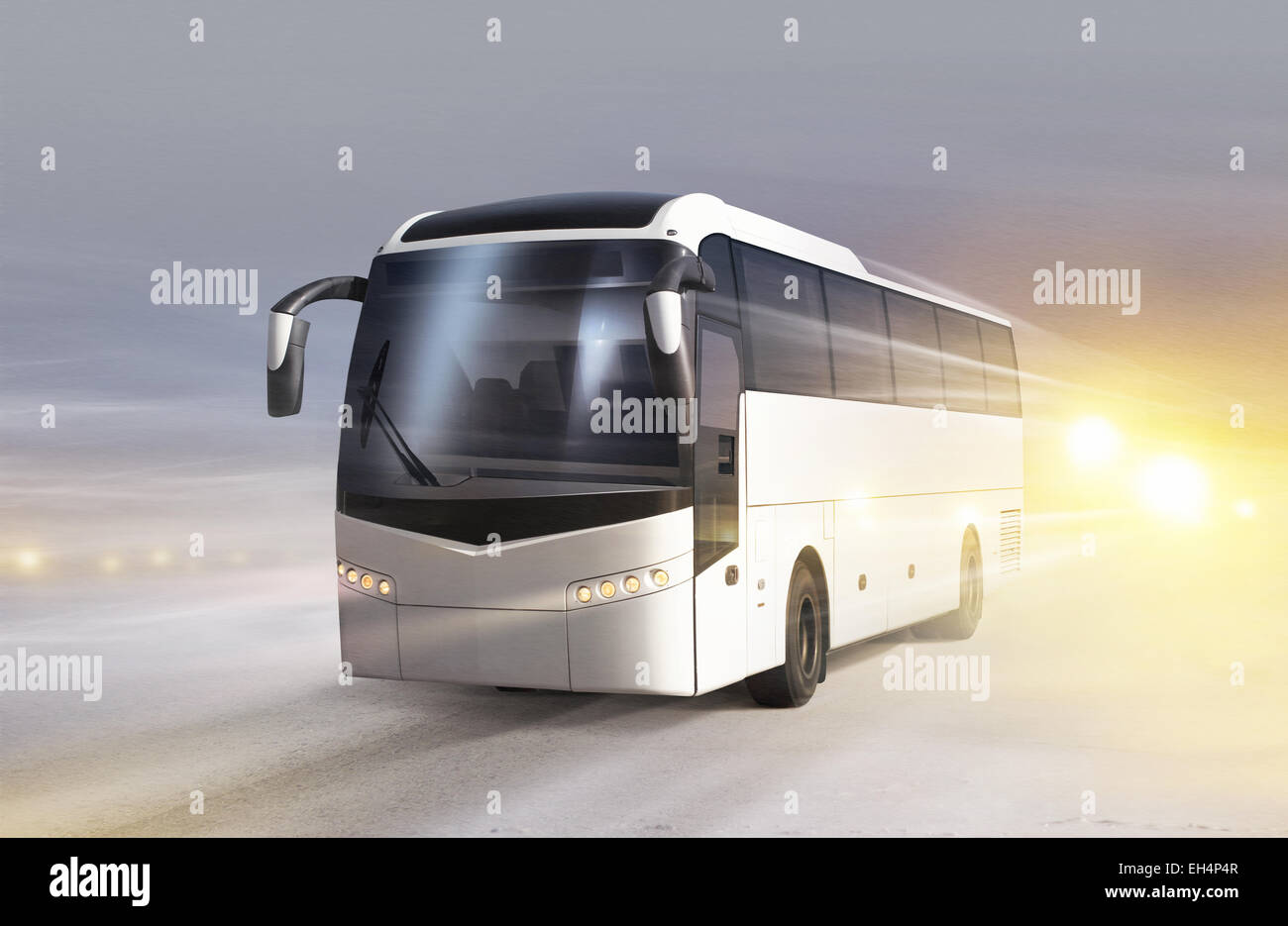white bus moves on ice road in blizzard Stock Photo - Alamy