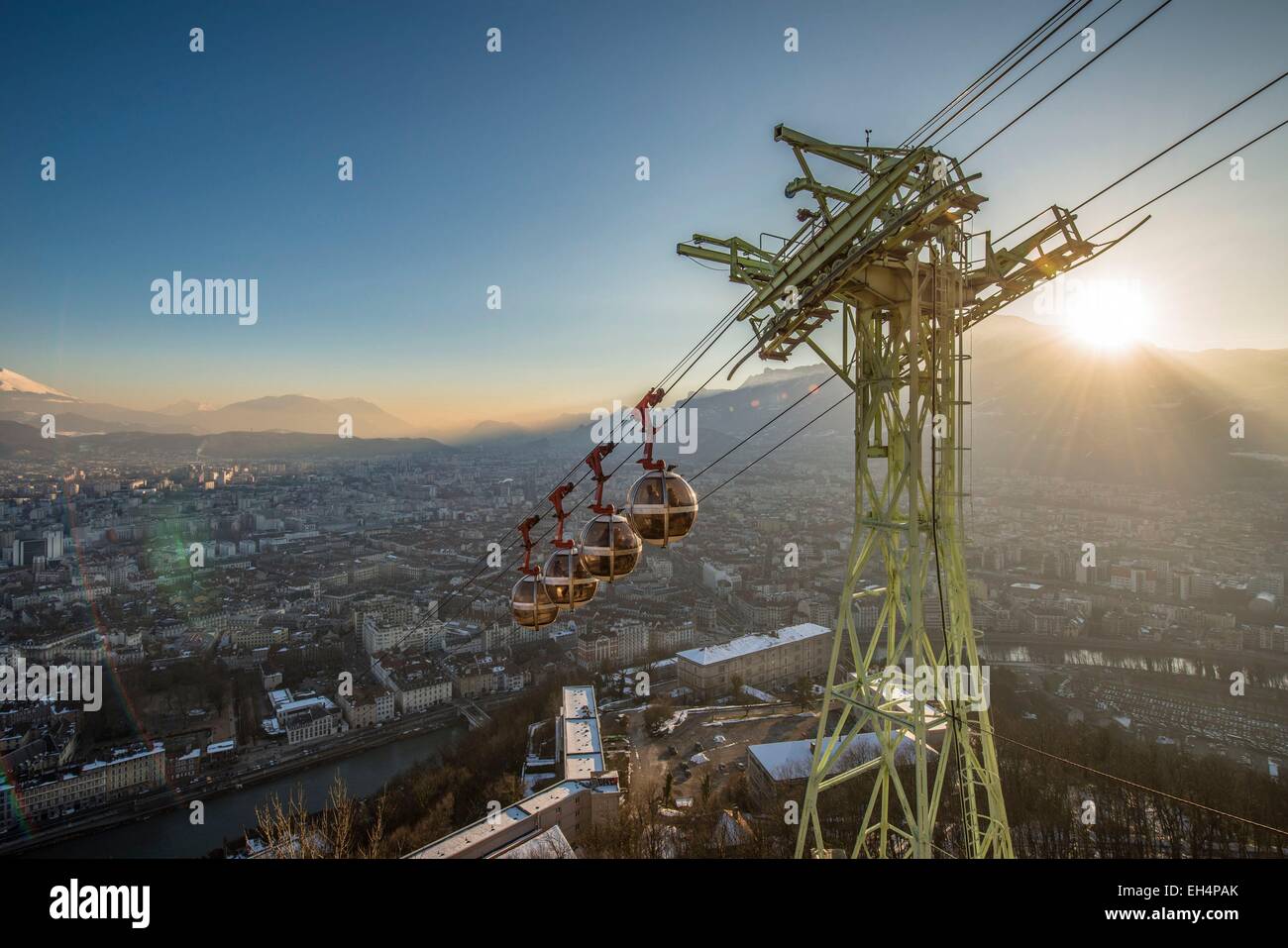 France, Isere, Grenoble, Grenoble-Bastille cable car and its Bubbles ...