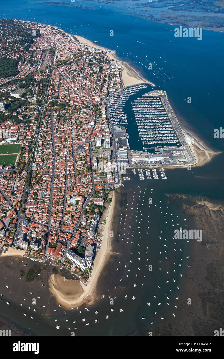 France, Gironde, Arcachon, the port and the town (aerial view Stock ...