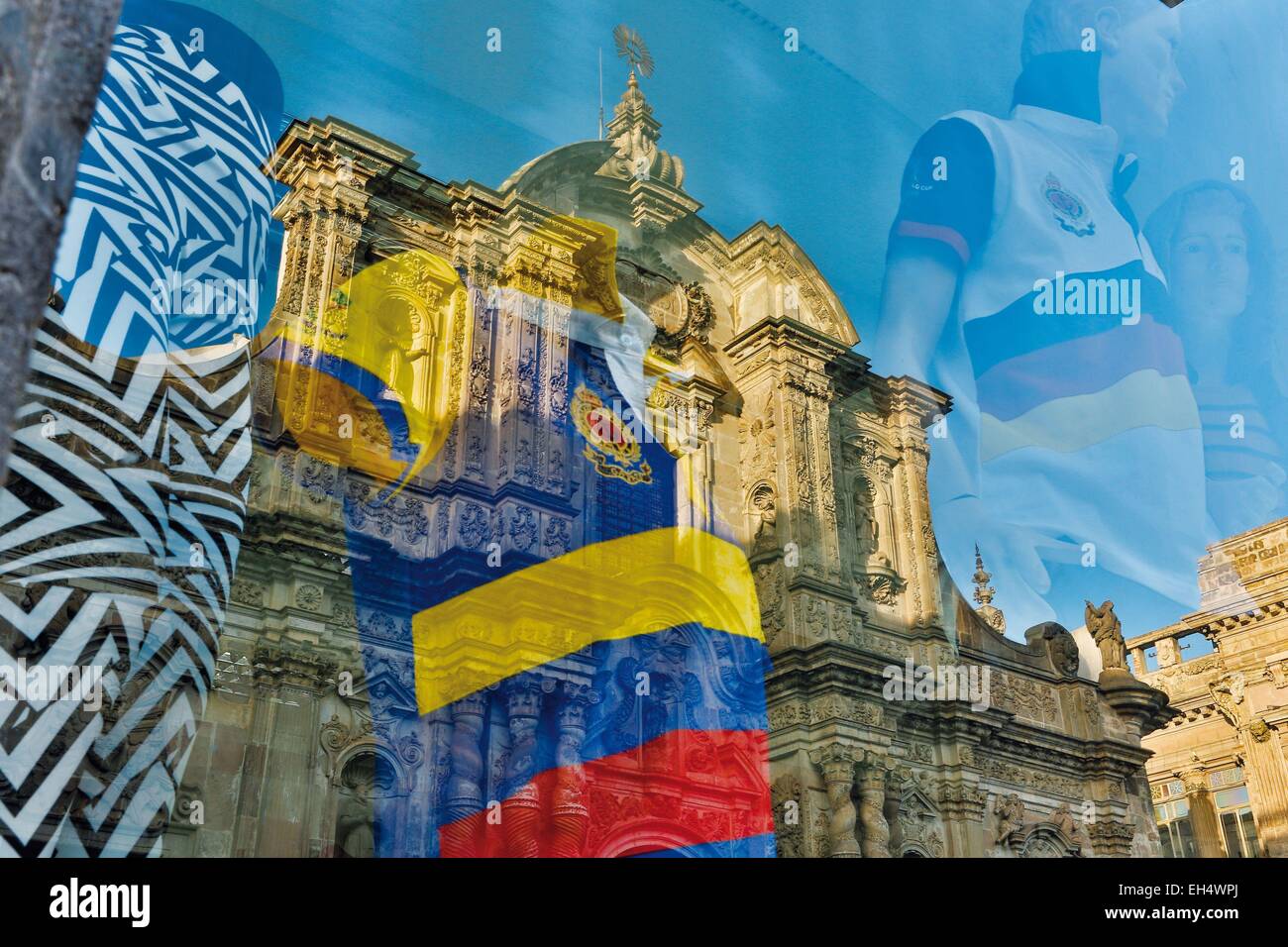 Ecuador, Quito, listed as World Heritage by UNESCO, reflection in a ...