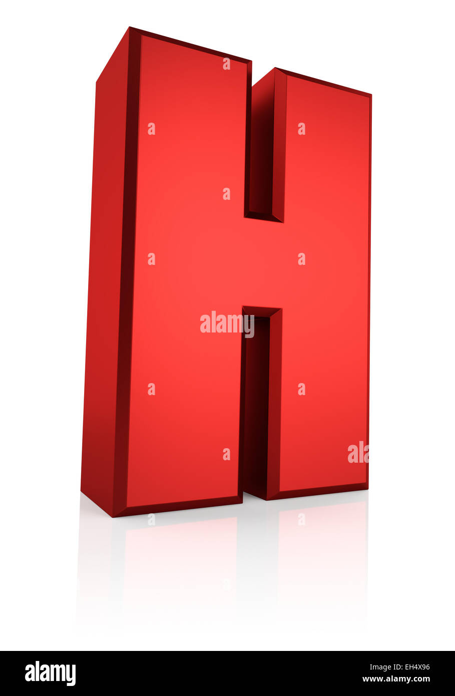 H letter. Red letter on reflective floor. White background. 3d render ...
