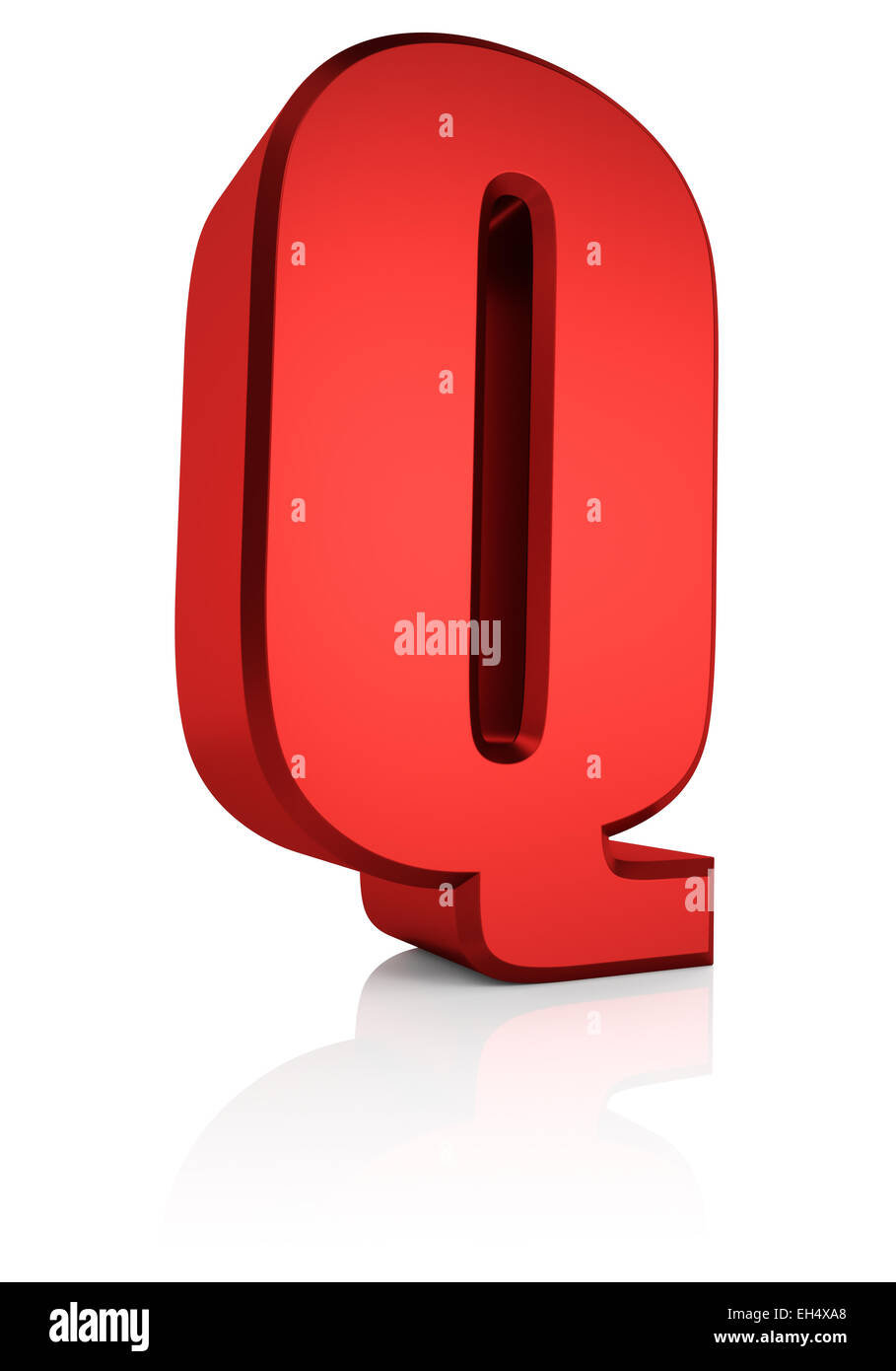Q letter. Red letter on reflective floor. White background. 3d render ...