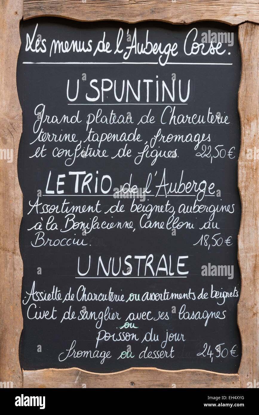 France, Corse du Sud, Bonifacio, restaurant menu (detail Stock Photo ...
