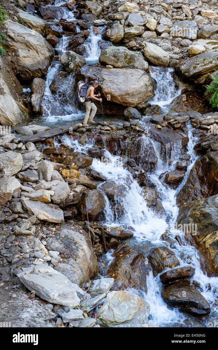 Nepal, Gandaki zone, Tsum valley trek, river crossing near Ripchet ...