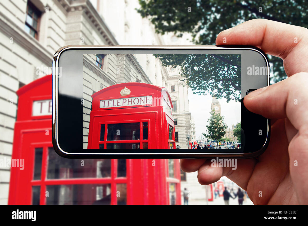 Smart phone mobile photo in London with telephone booth and Big Ben ...