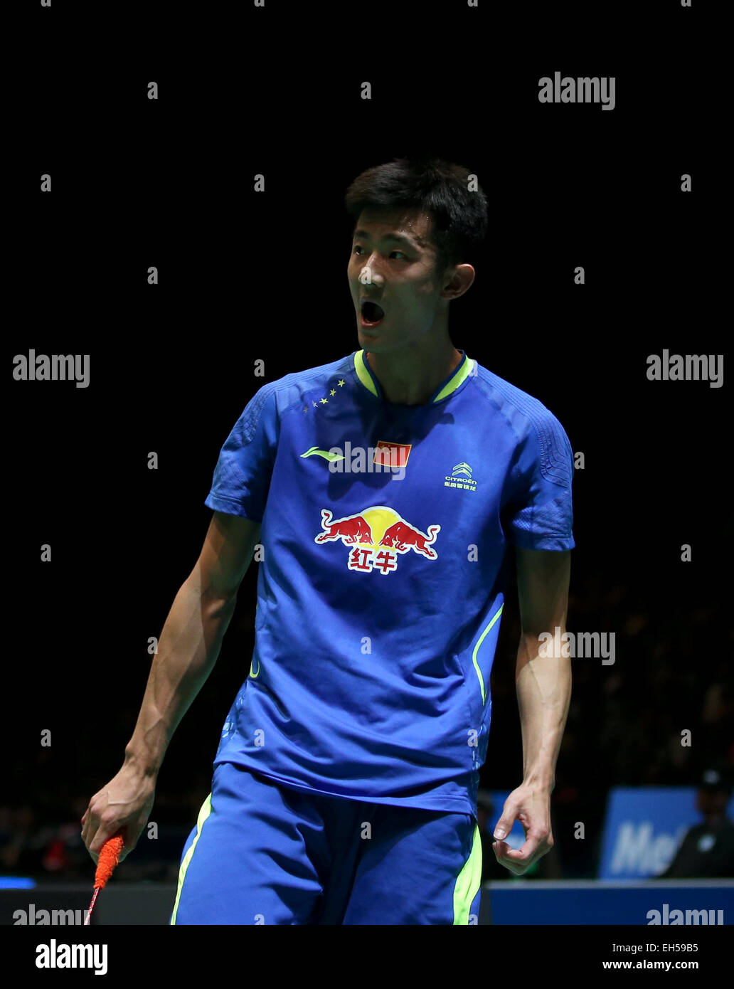 Birmingham, Britain. 6th Mar, 2015. Chen Long of China celebrates ...