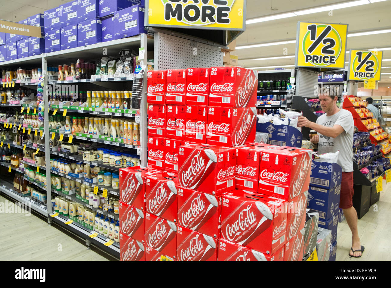 Coca Cola red boxes of drink interior of an australian woolworths ...