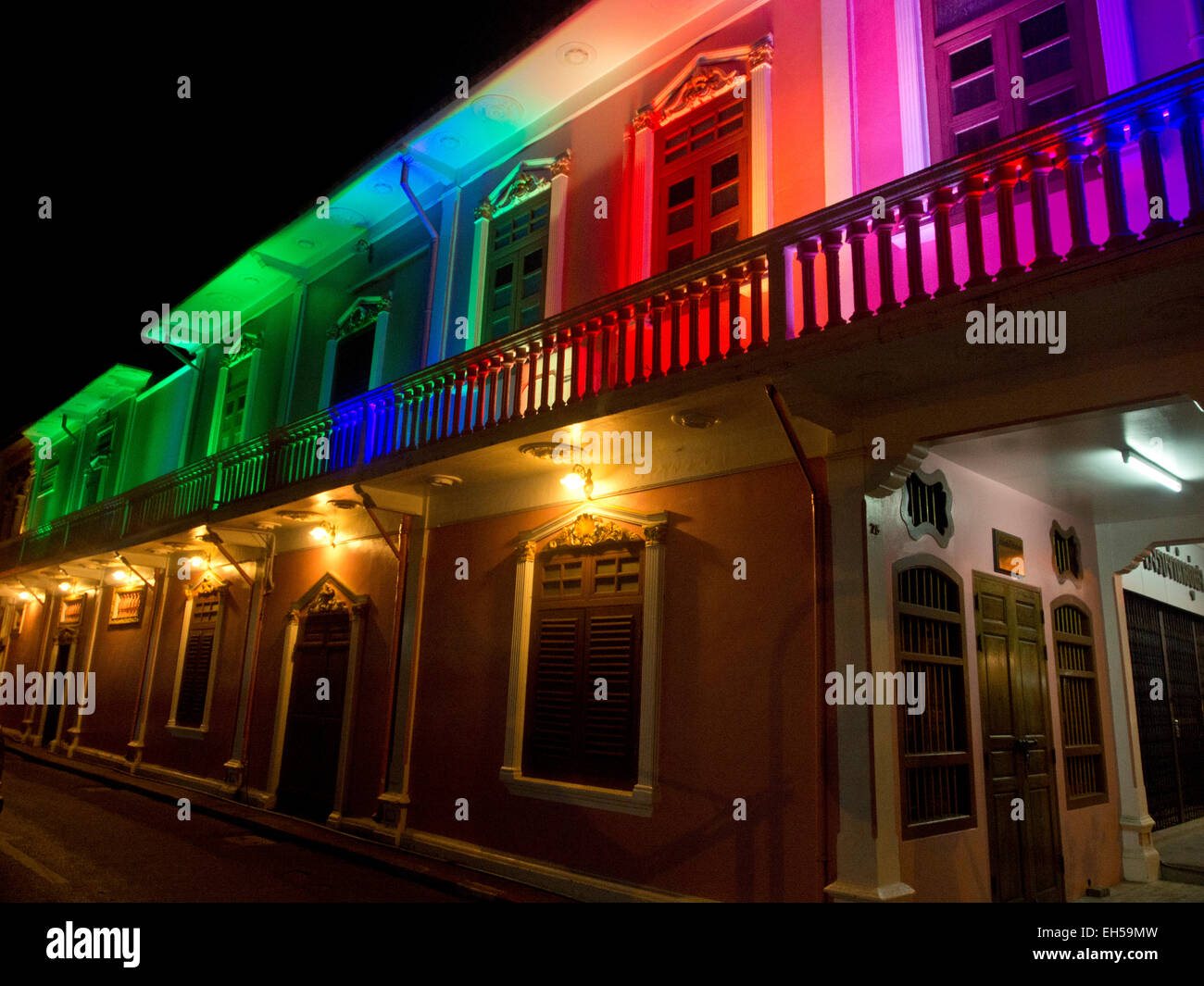 Refurbished shophouses at night time in the old Chinatown area of ...