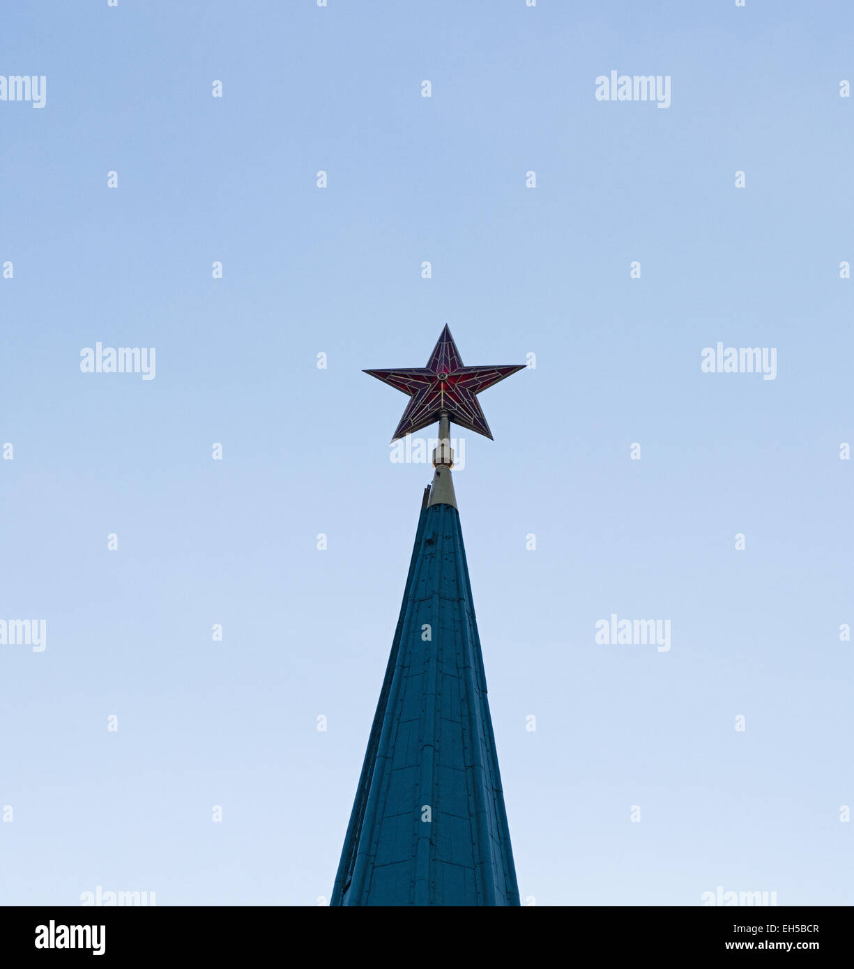 Red ruby star. Moscow Kremlin tower. UNESCO World Heritage Site. Blue ...