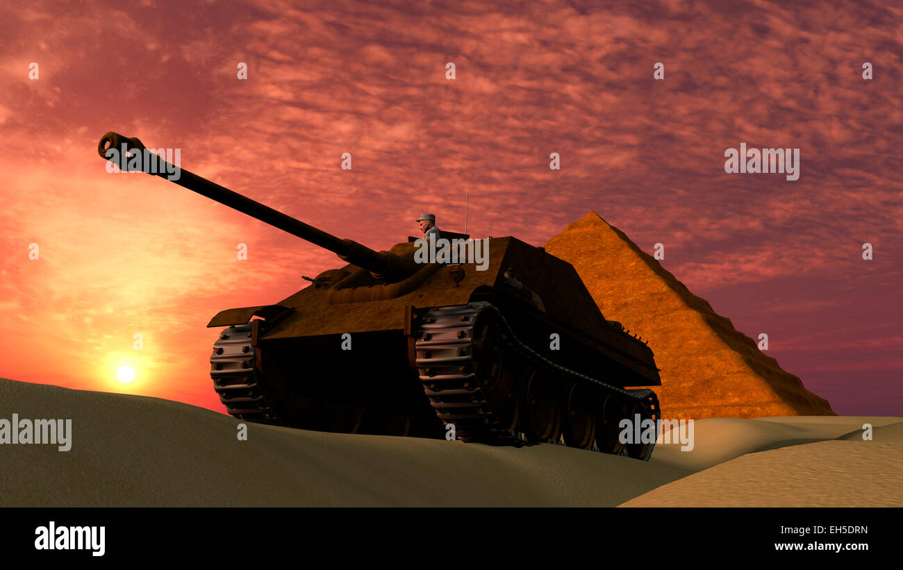 Old tank in desert with Pyramid background at sunset Stock Photo - Alamy