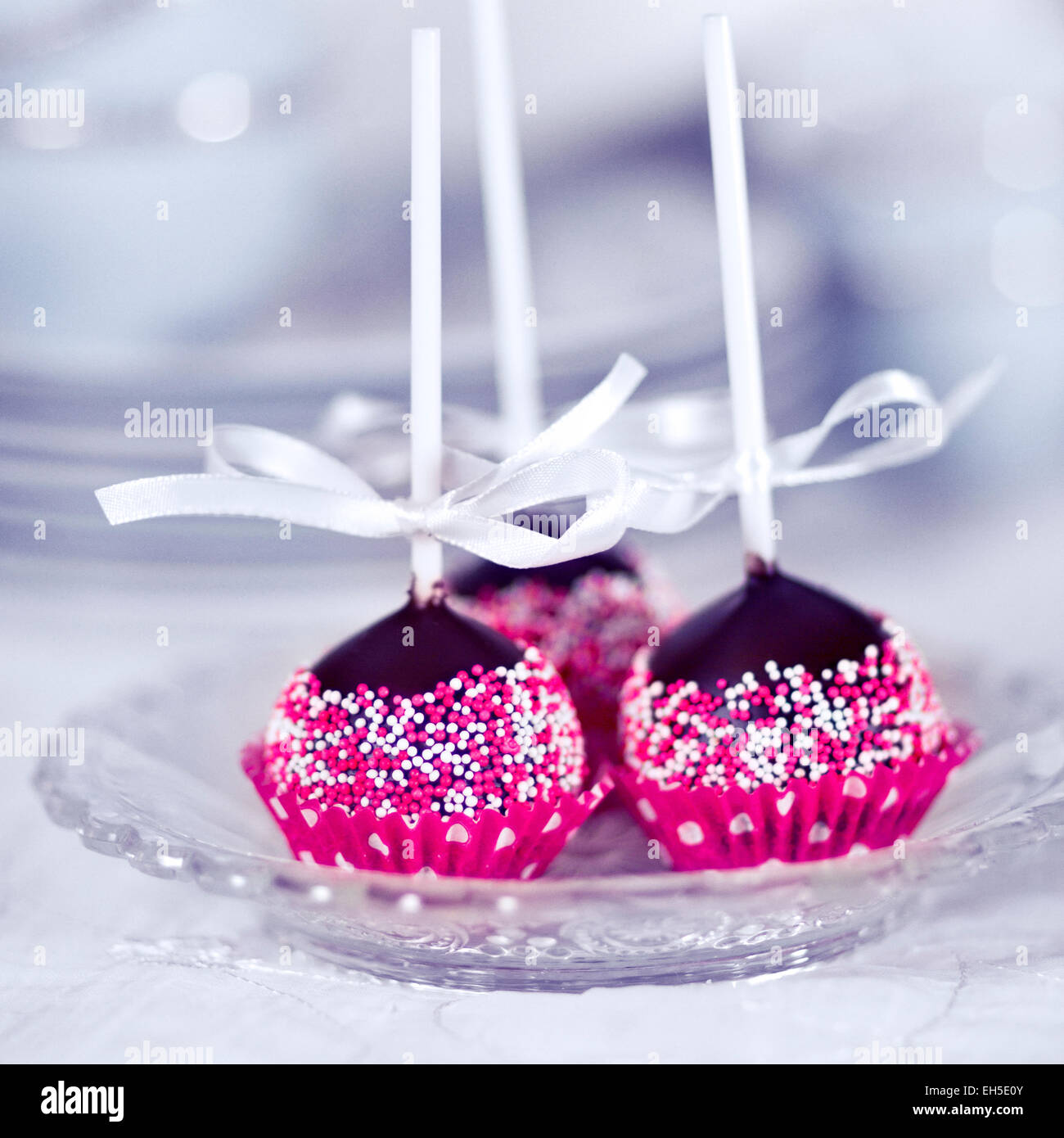 Home made chocolate cake pop decorated with pink and white sugar ...
