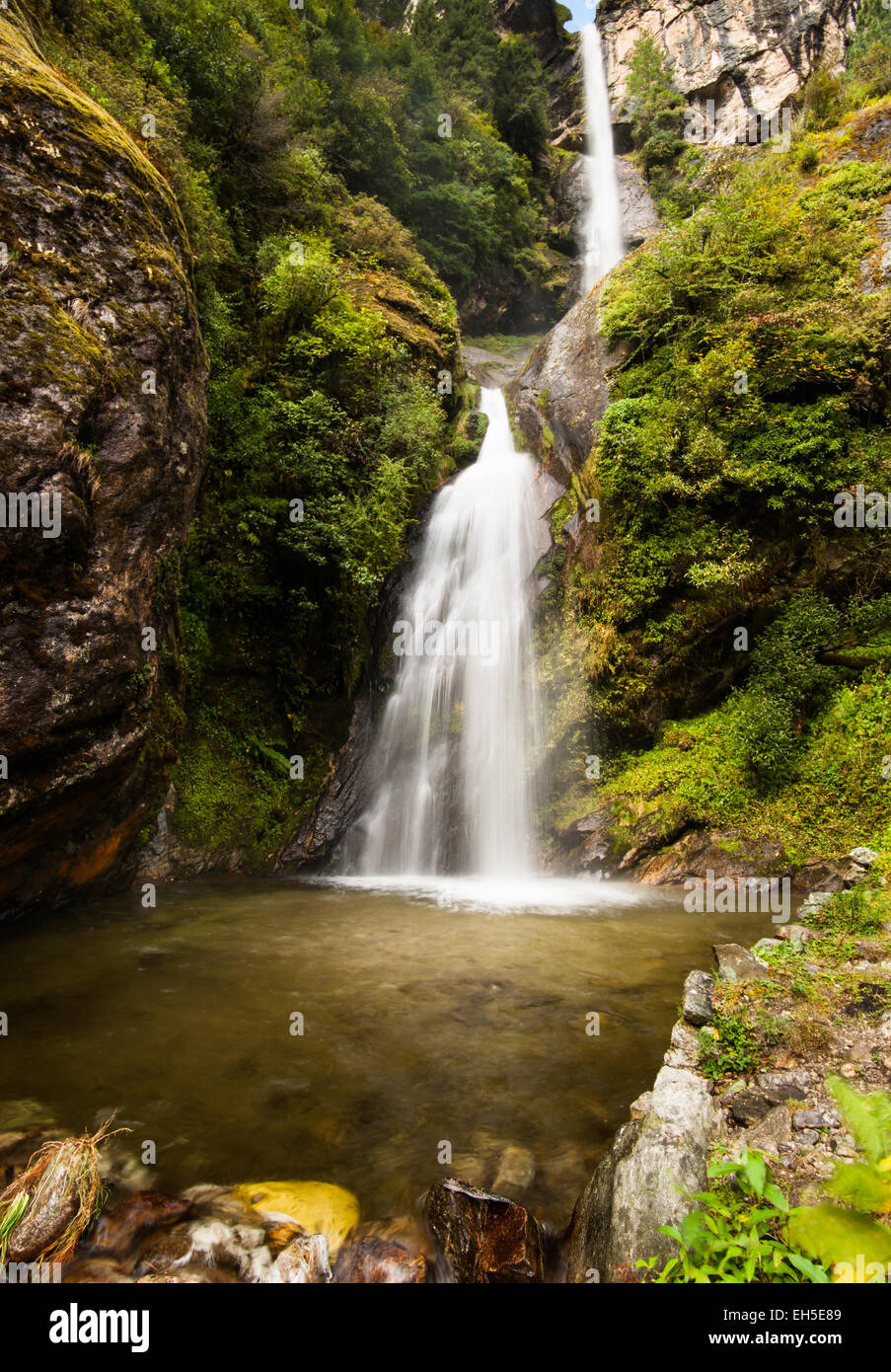 Waterfall in Himalayas: beautiful landscape. Travel to Nepal Stock ...