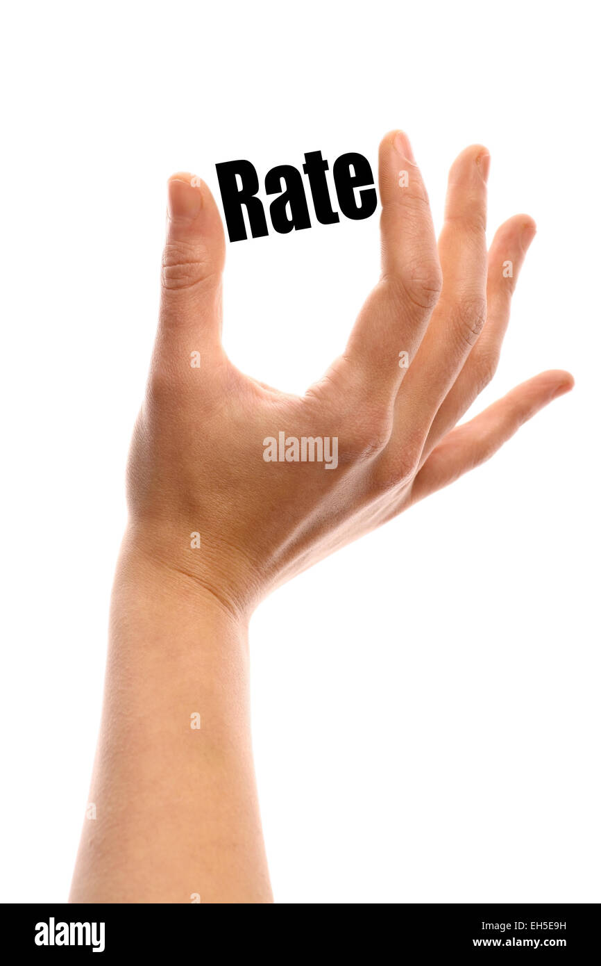 Vertical shot of a hand holding the word "Rate" between two fingers ...