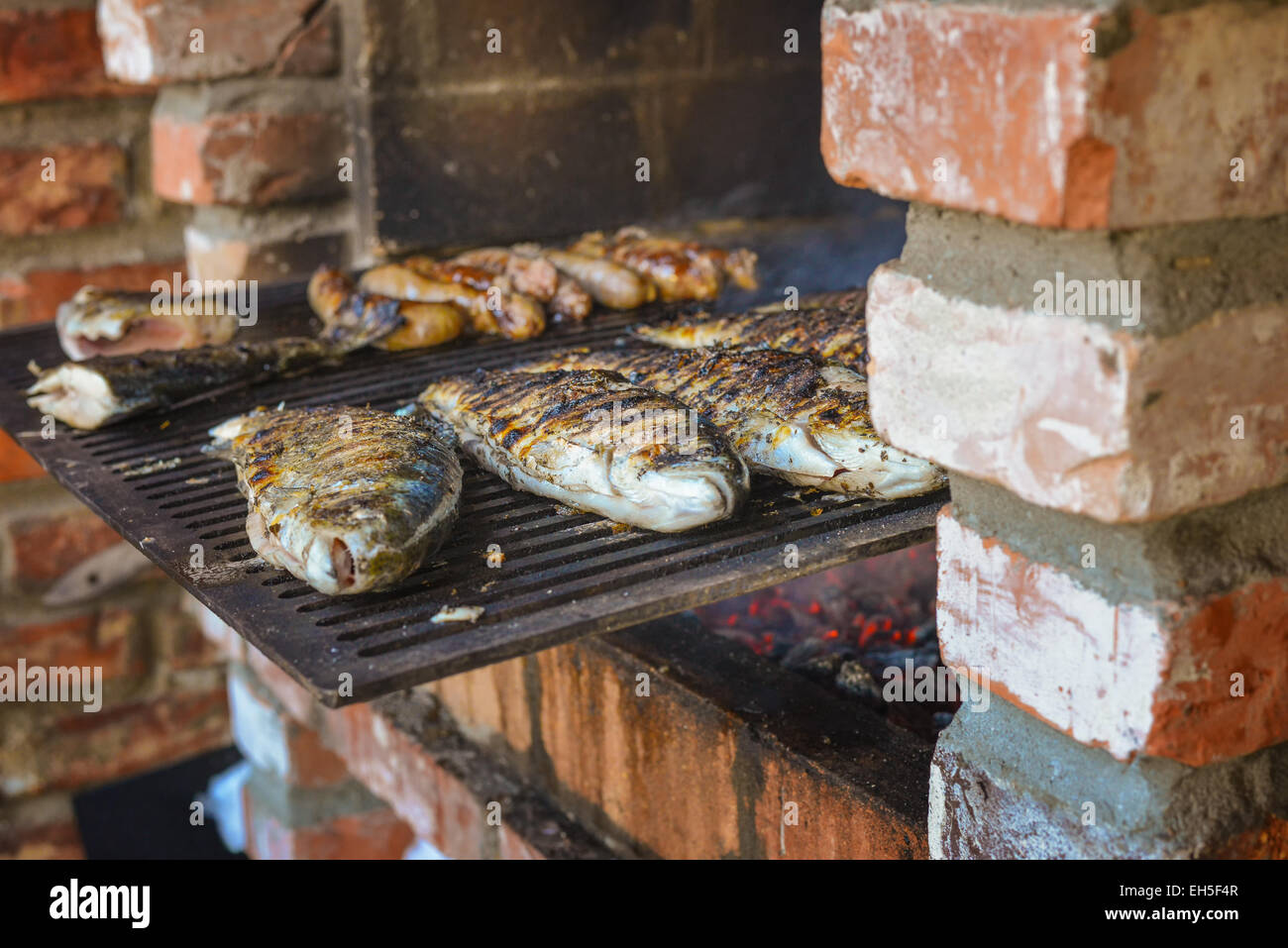 Fish seated on brick barbecue fried in natural light Stock Photo - Alamy