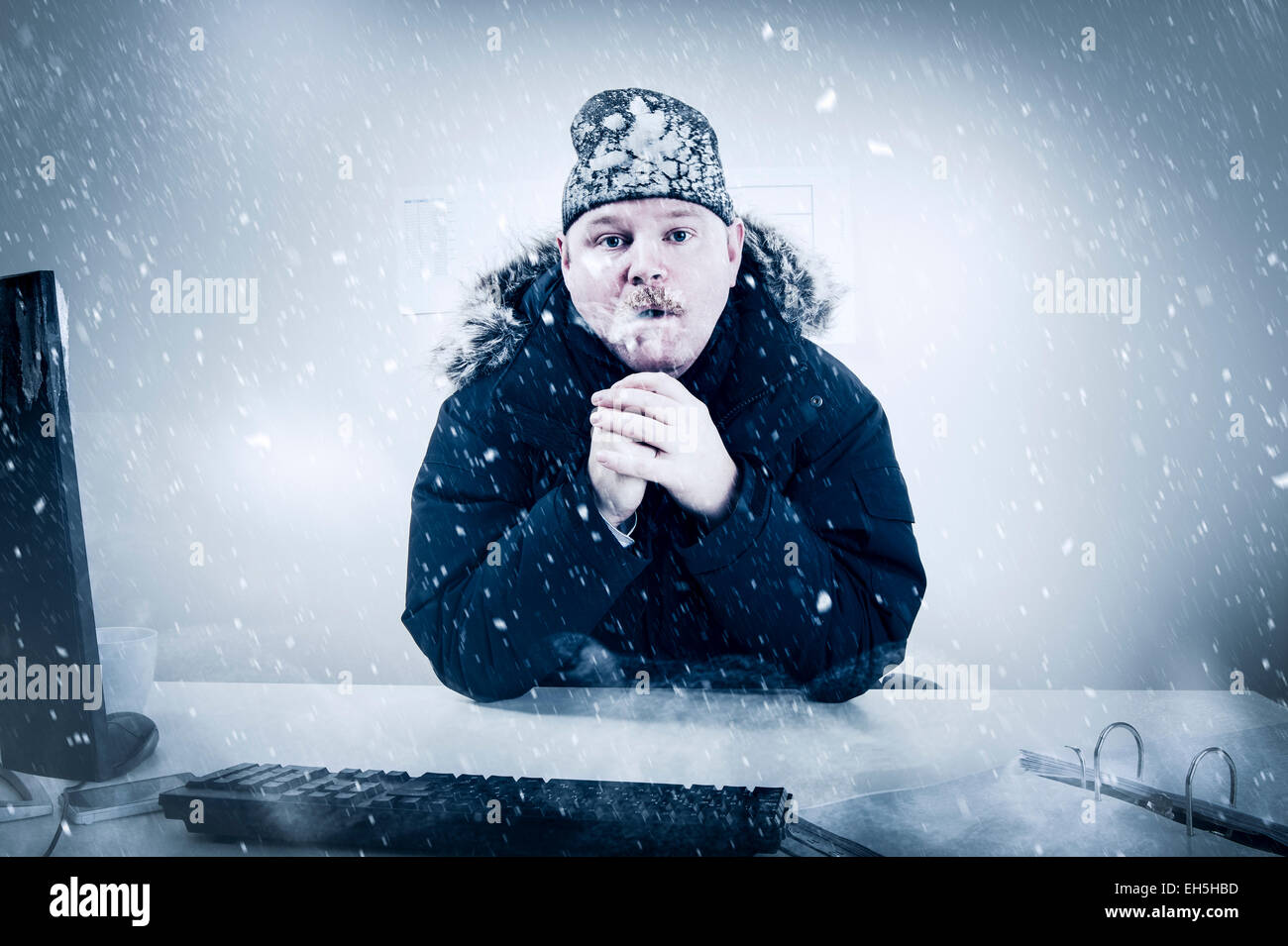 Office worker with mustache in cold snow. Frosty Stock Photo - Alamy