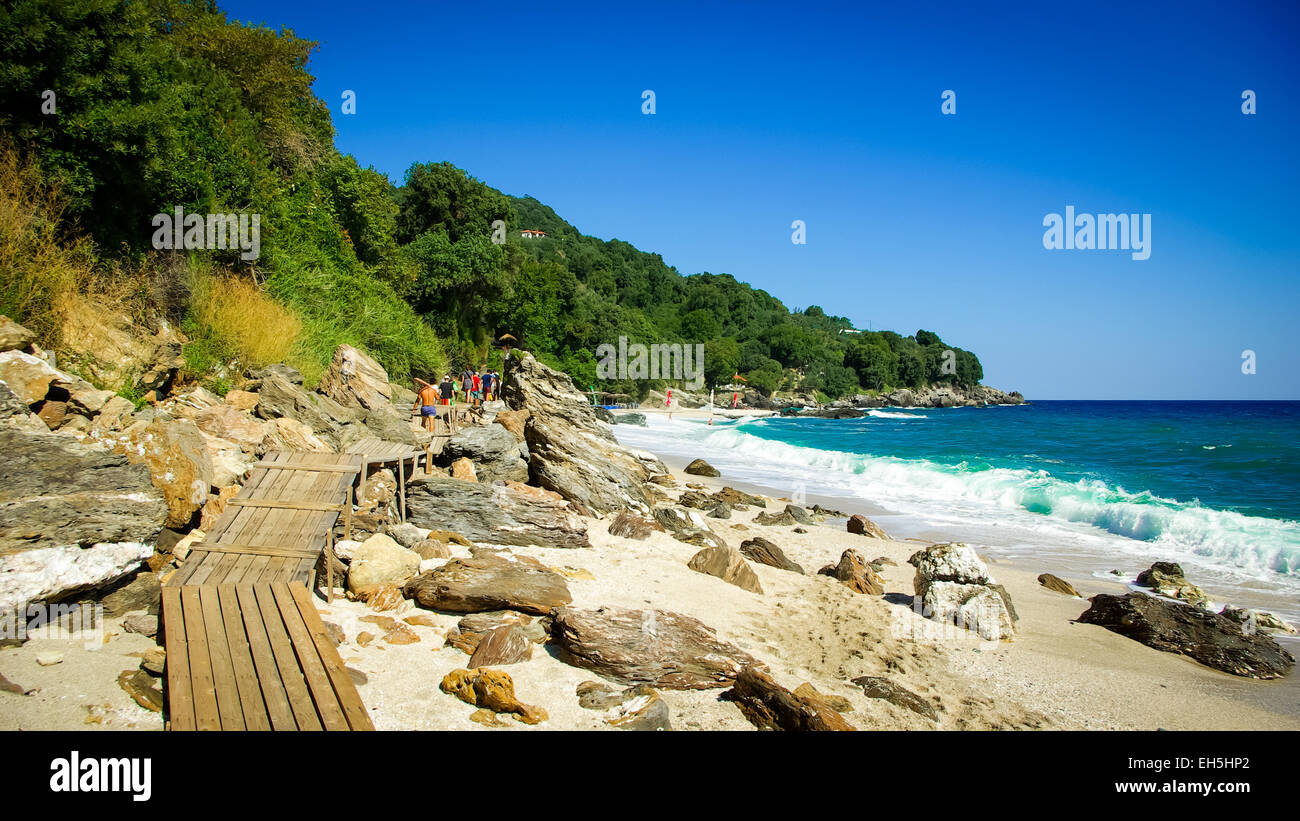 Plaka beach, Pelion, Greece. Sandy beach with rocks in Pilio, Greece ...