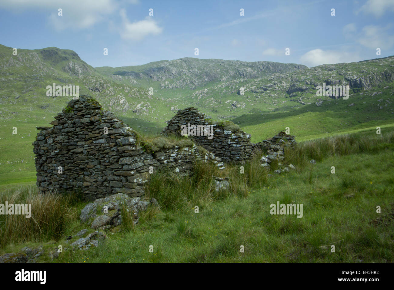 Old stone cottage in ruins in the Bluestack mountains in Donegal ...