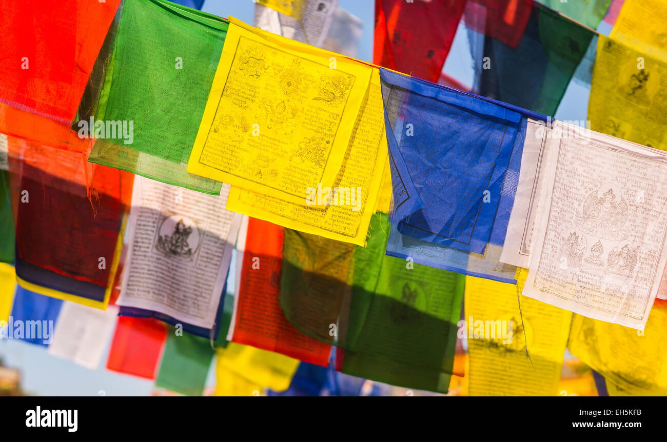 buddhist Prayer Colorful flags with mantras. religion in Asia Stock ...