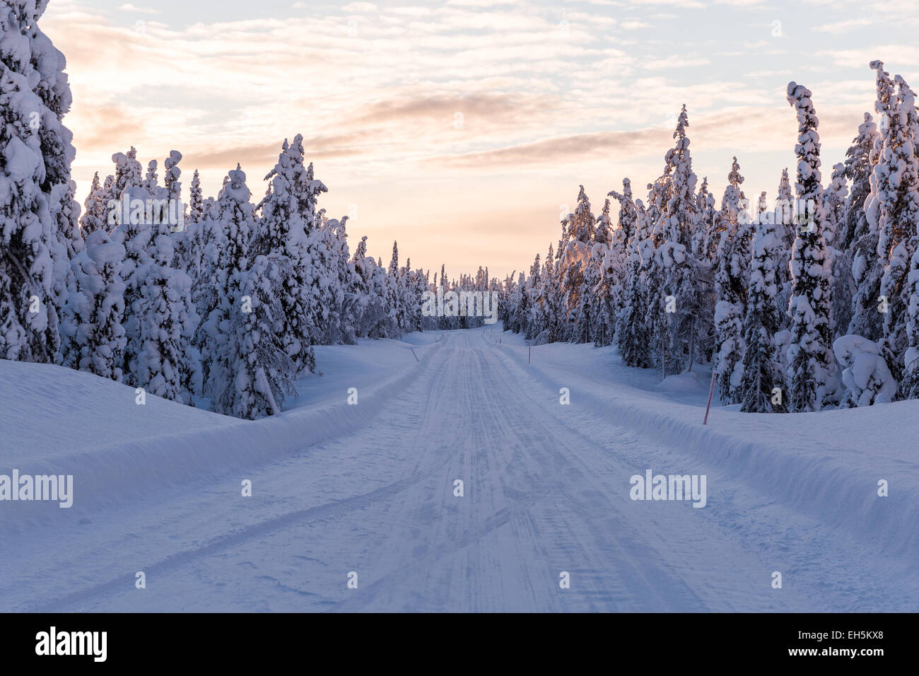 Snowy road scene in Lapland Stock Photo - Alamy