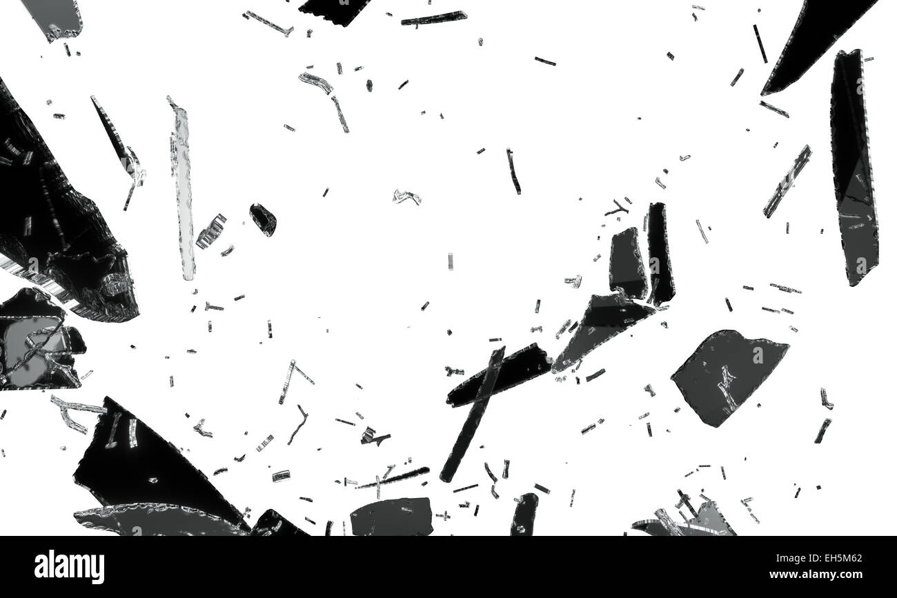 Small and large pieces of shattered black glass isolated on white Stock ...