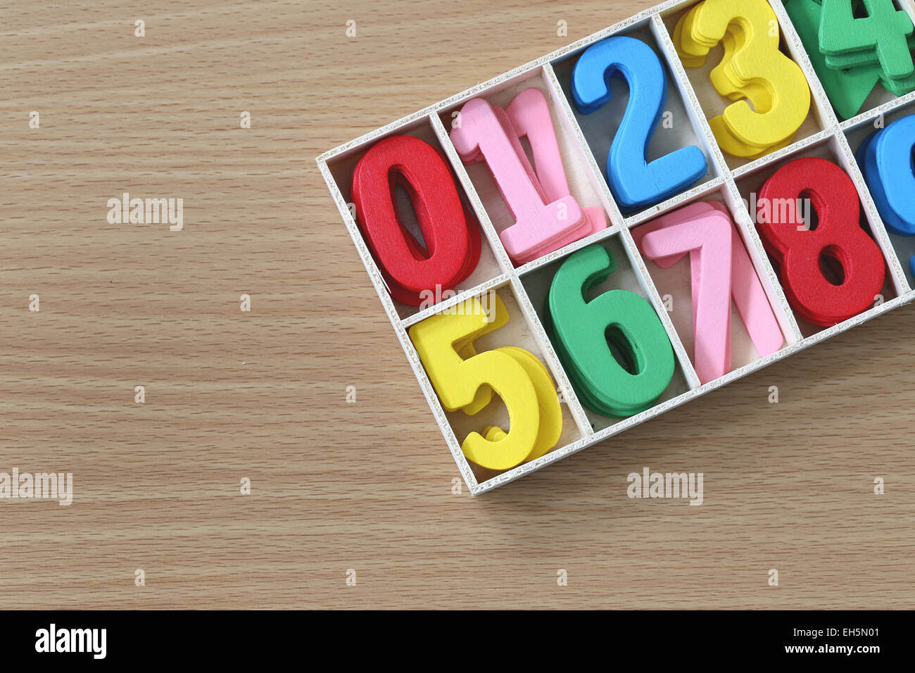 Colorful of numbers in the box on a wood background Stock Photo - Alamy