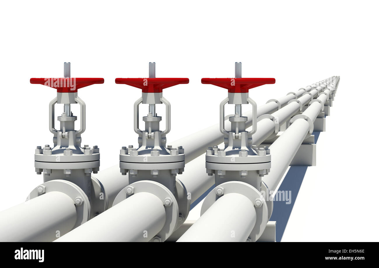 Three white pipes with valves Stock Photo - Alamy