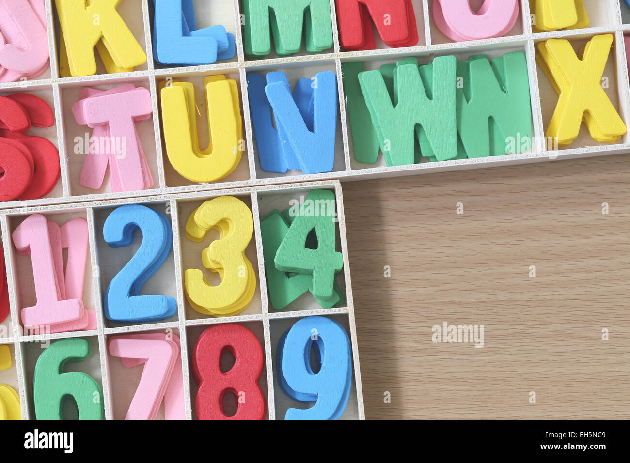 Colorful of characters in the box on a wood background Stock Photo - Alamy