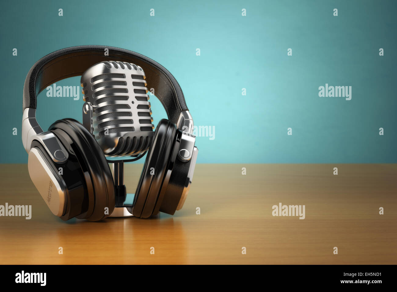 Vintage microphone and headphones on green background. Concept audio ...
