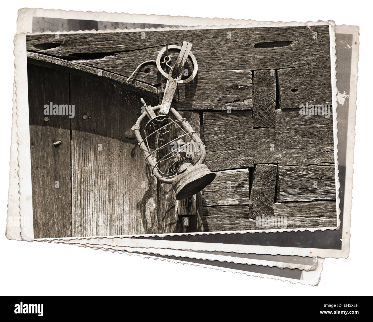 Vintage photos with Rusty old lamp hanging on the wooden wall of the ...