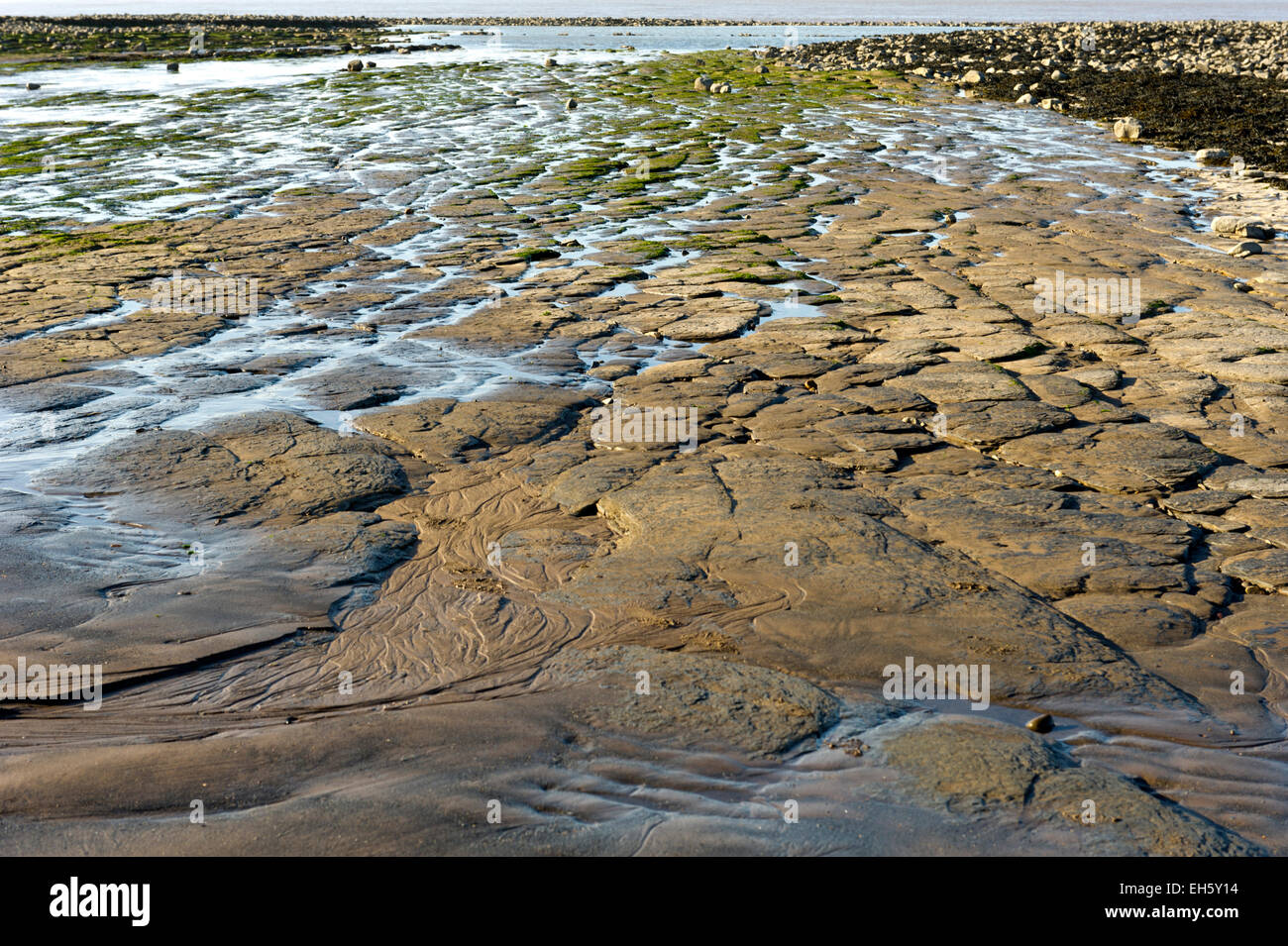 Stones and slabs at low tide on Lilstock beach, Somerset Stock Photo ...